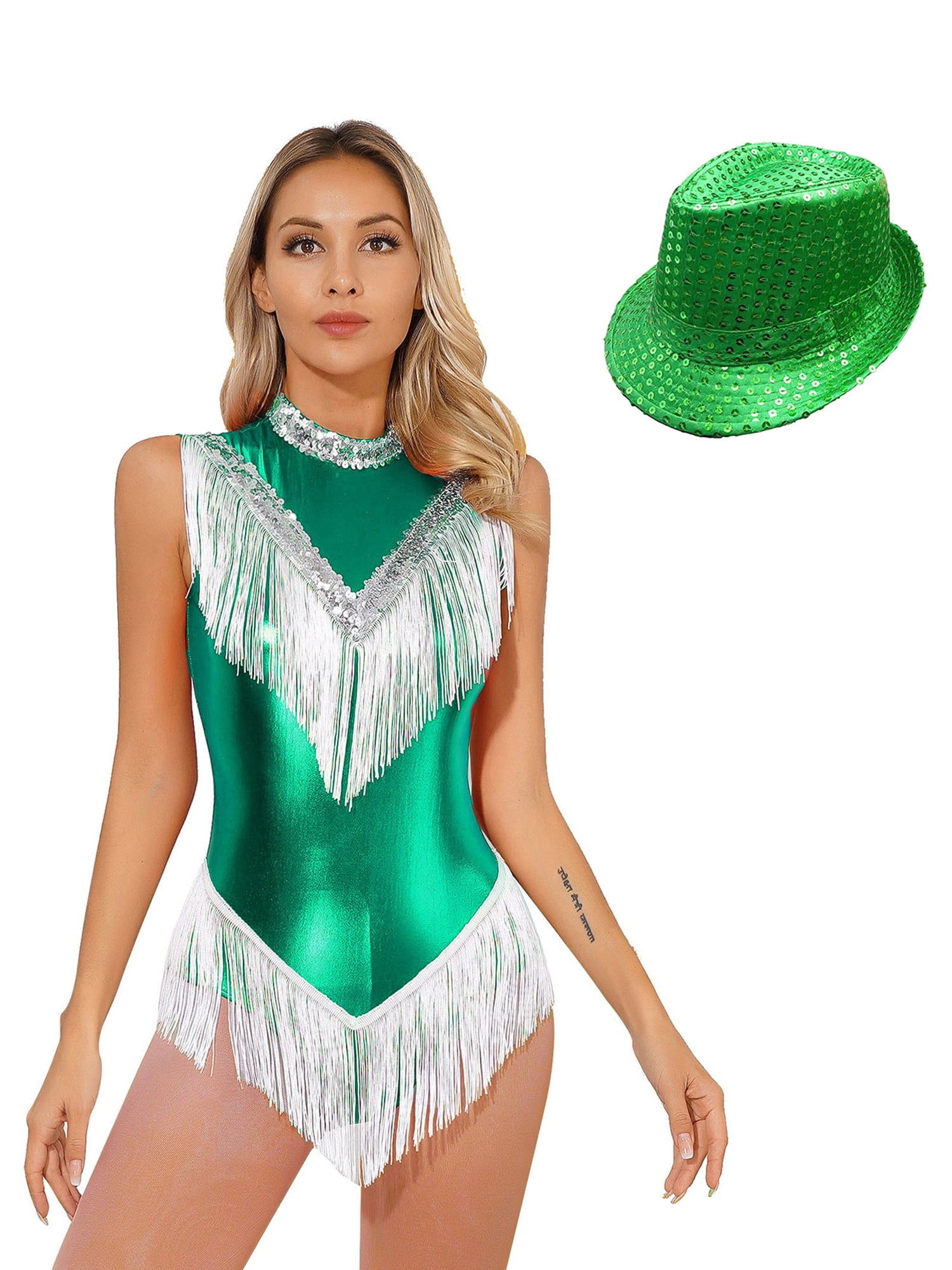 Jhaoyu Womens Shiny Fringed Dance Leotard Jazz Latin Tango Dance Dress Cheerleading Costume with ...