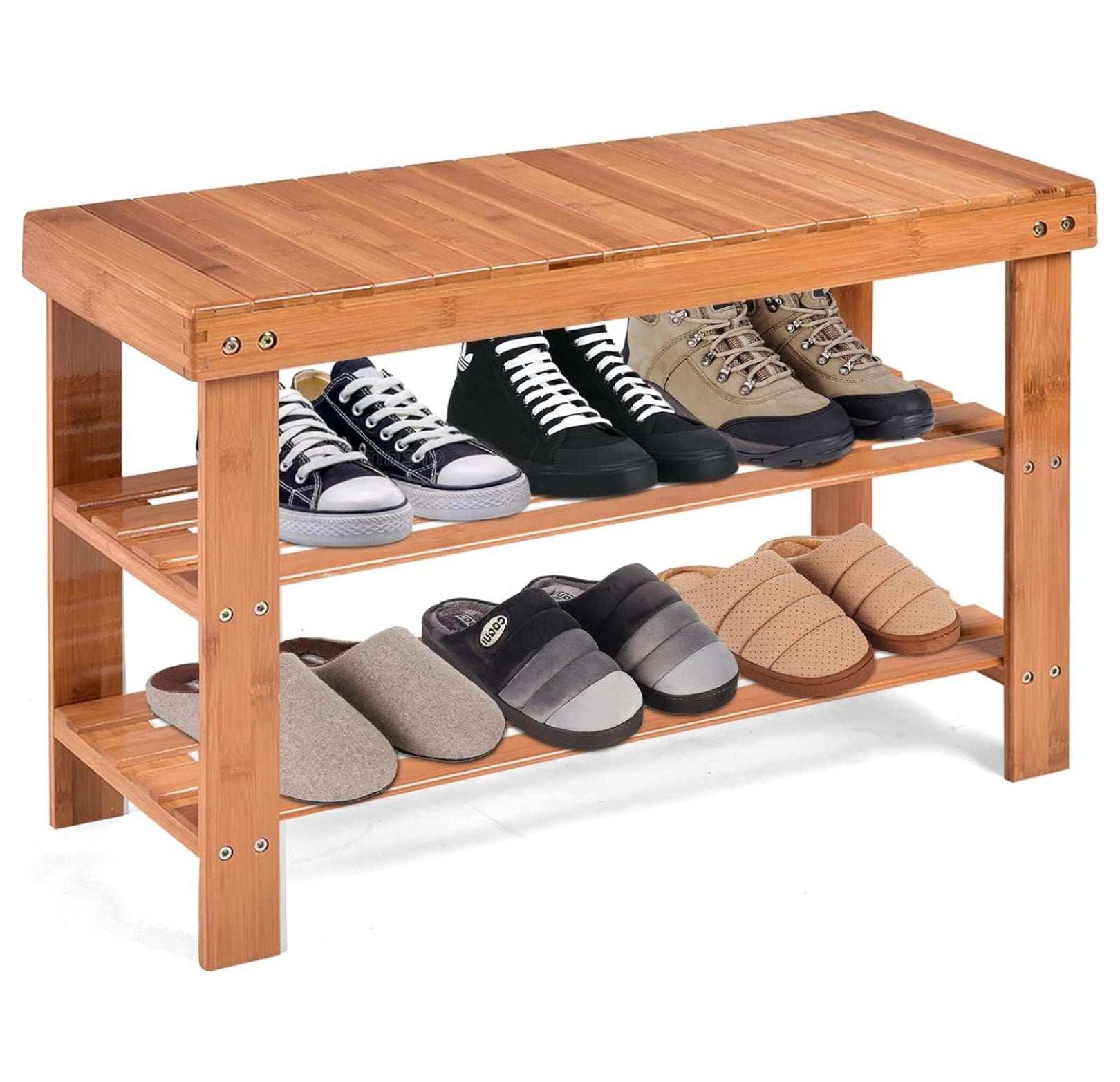 Jia ma sha Bamboo Shoe Rack Bench 3-Tier Standing Wood Shoe Storage ...