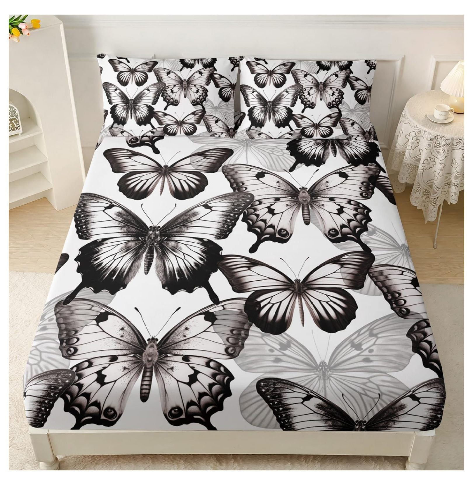 Jia ma sha Black and White Fitted Sheet Set Size,Watercolor Bed Sheet ...