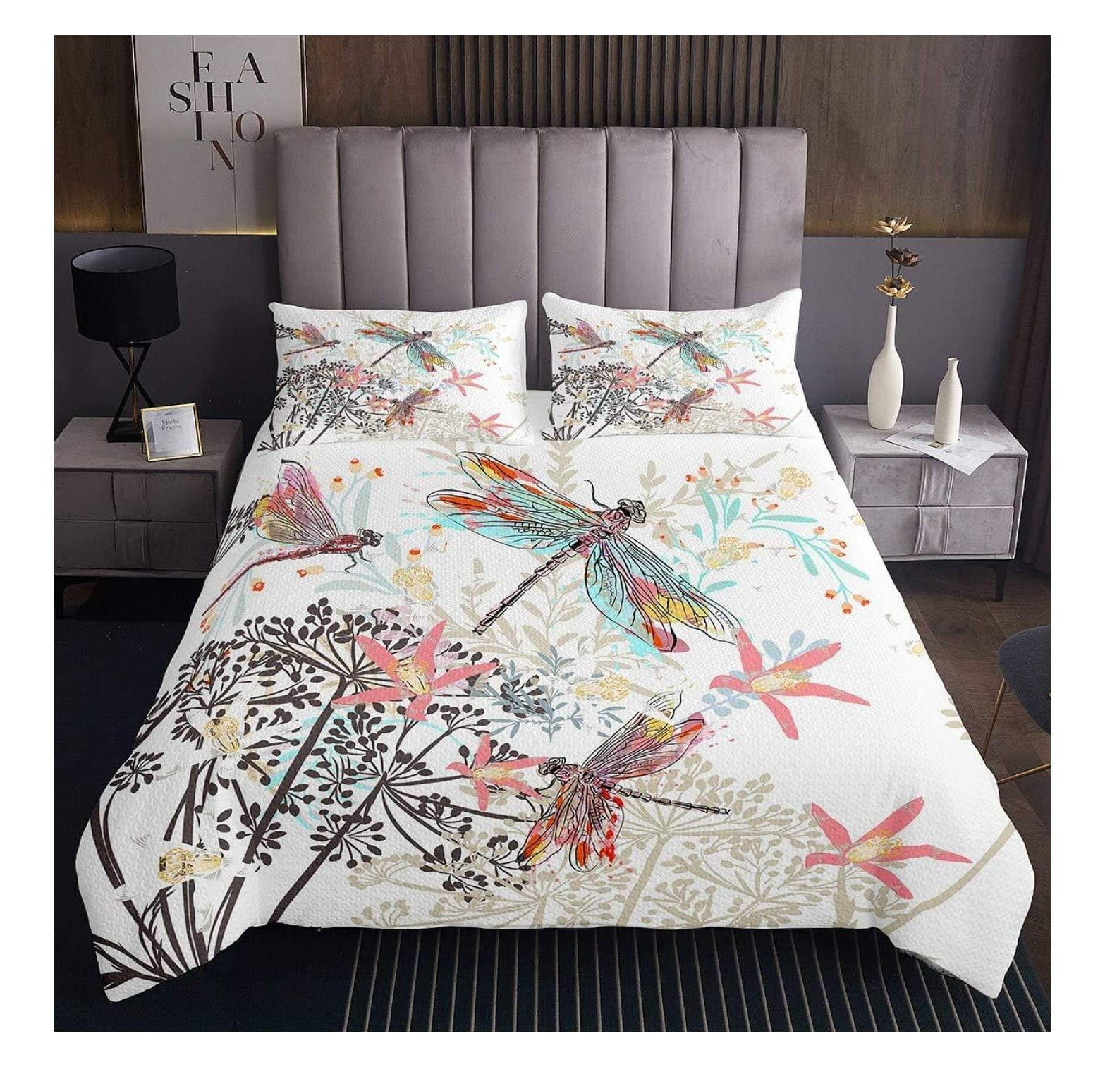 Jia ma sha Dragonfly Bedspread Botanical Flowers Coverlet for Women ...