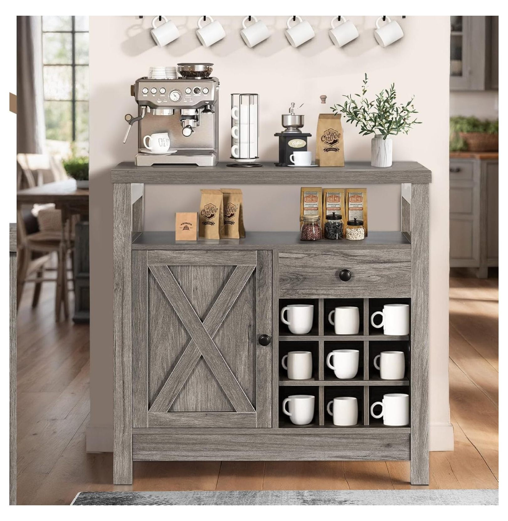 Jia ma sha Farmhouse Coffee Bar Cabinet with Barn Door, Grey Coffee Bar ...