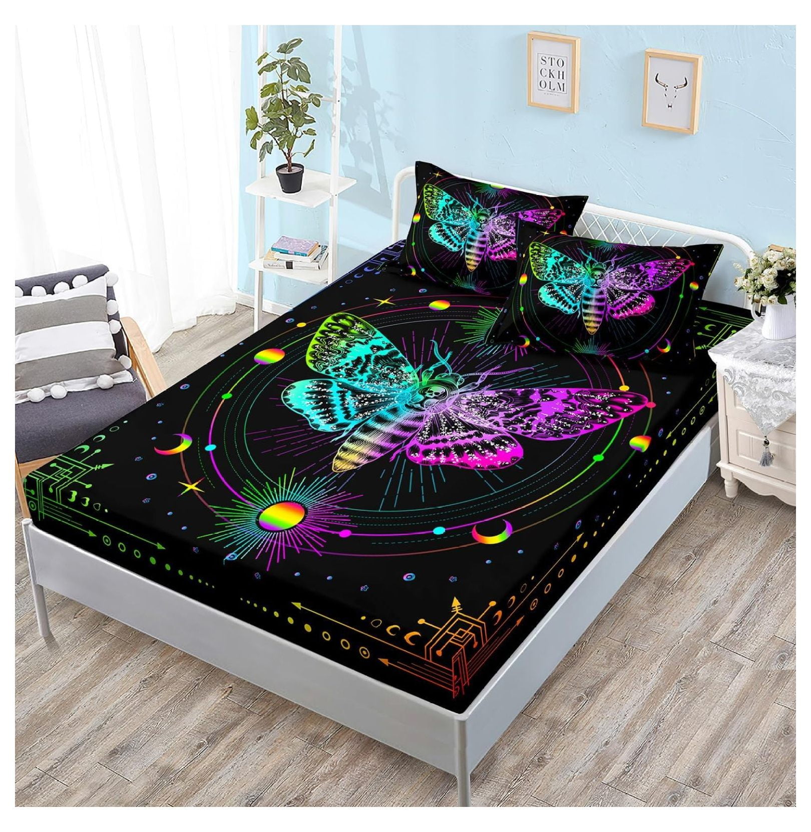 Jia ma sha Fitted Sheet Gothic Aesthetic Room Decor, Whimsigoth Bed Set Rainbow Stars Moon Boho ...