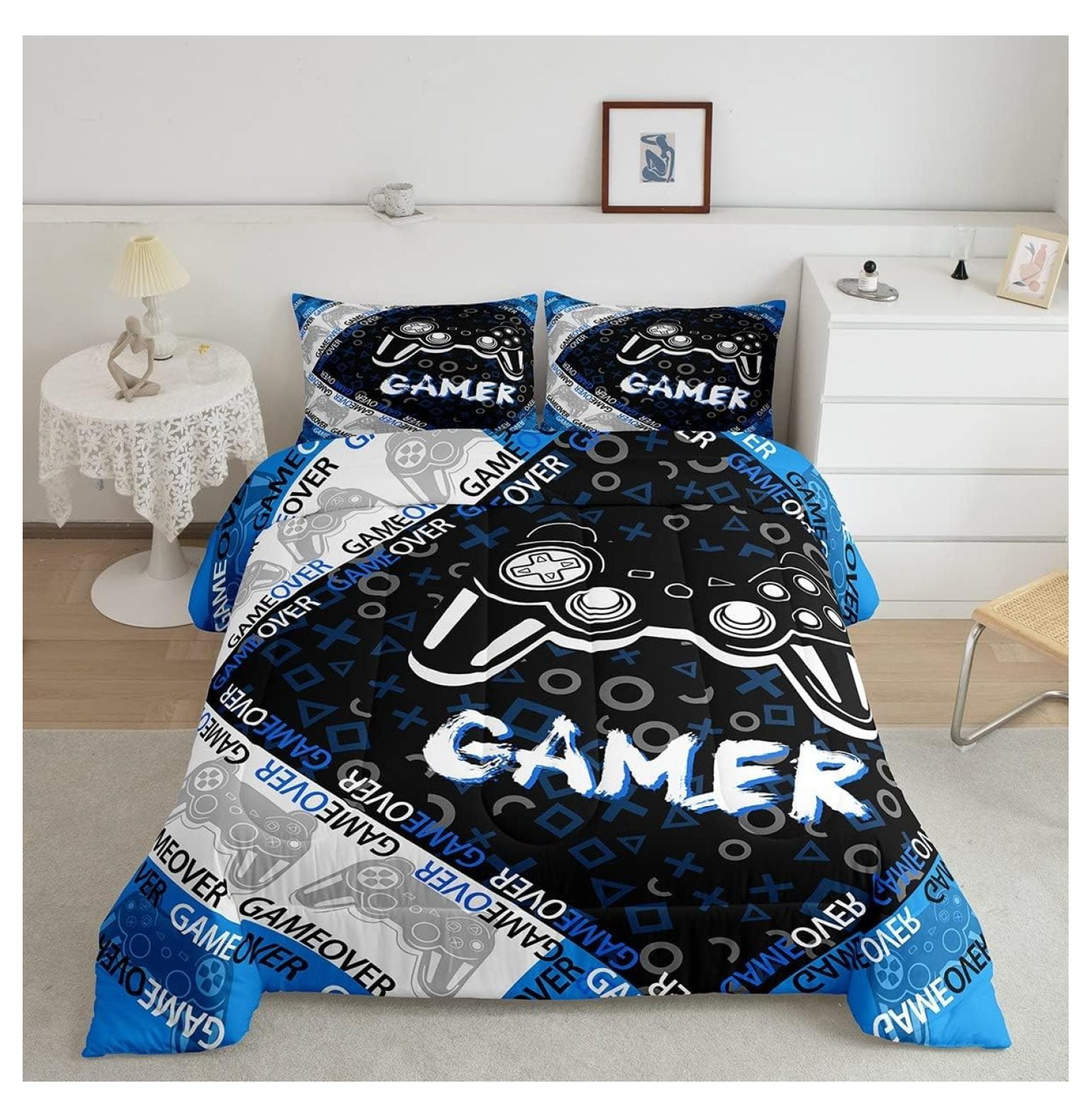 Jia ma sha Kids Gamer Comforter Set for Boys Teens, Blue Gaming Bedding ...