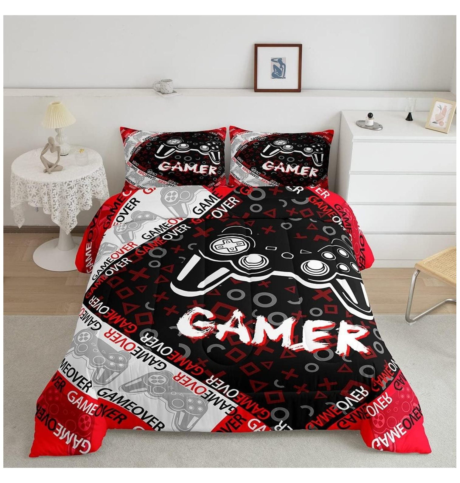 Jia ma sha Kids Gamer Comforter Set for Boys Teens, Red Gaming Bedding Sets Full Size Video Game ...