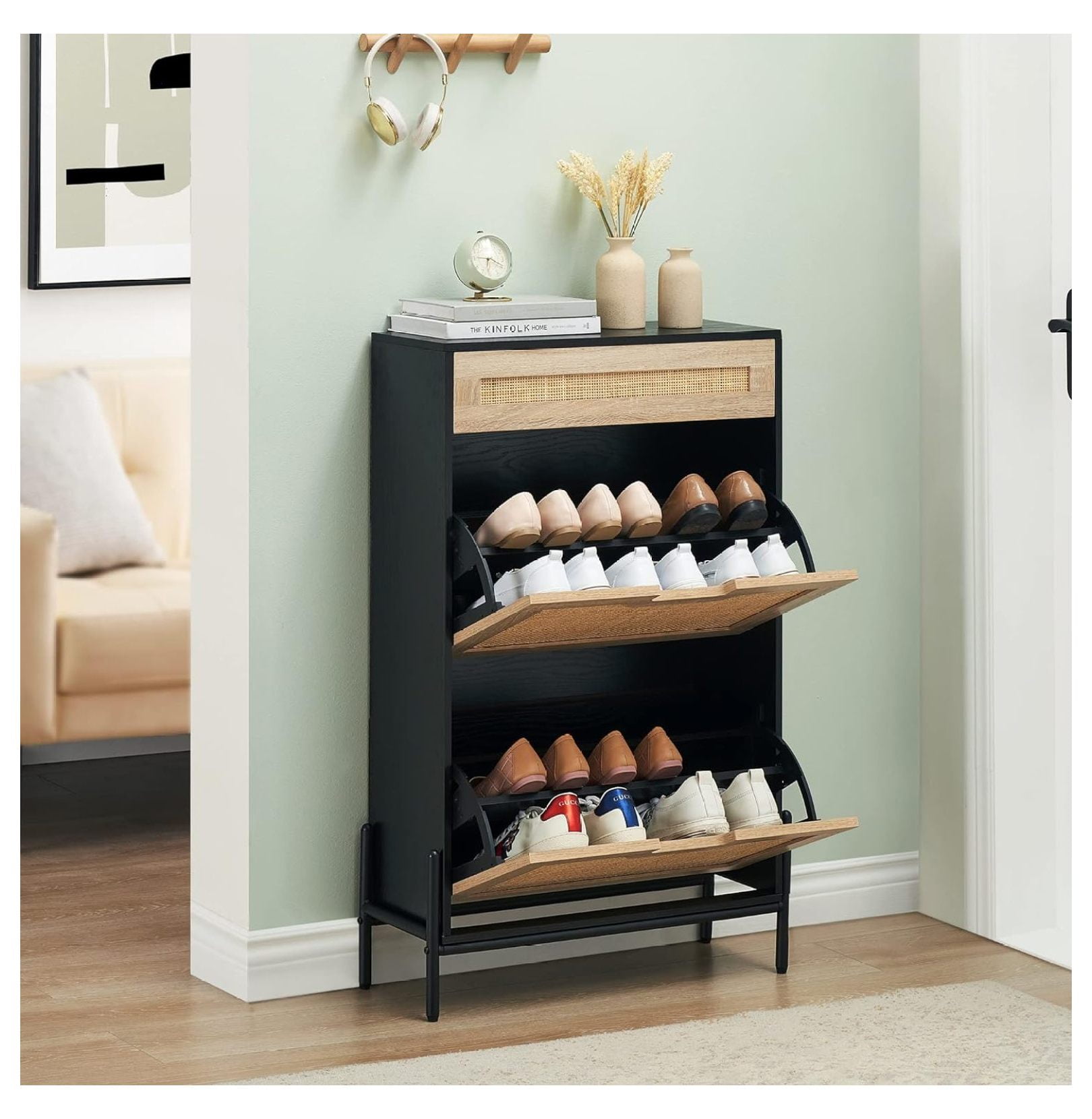 Jia ma sha Rattan Shoe Cabinet with 2 Door 1 Drawer Wooden Standing ...