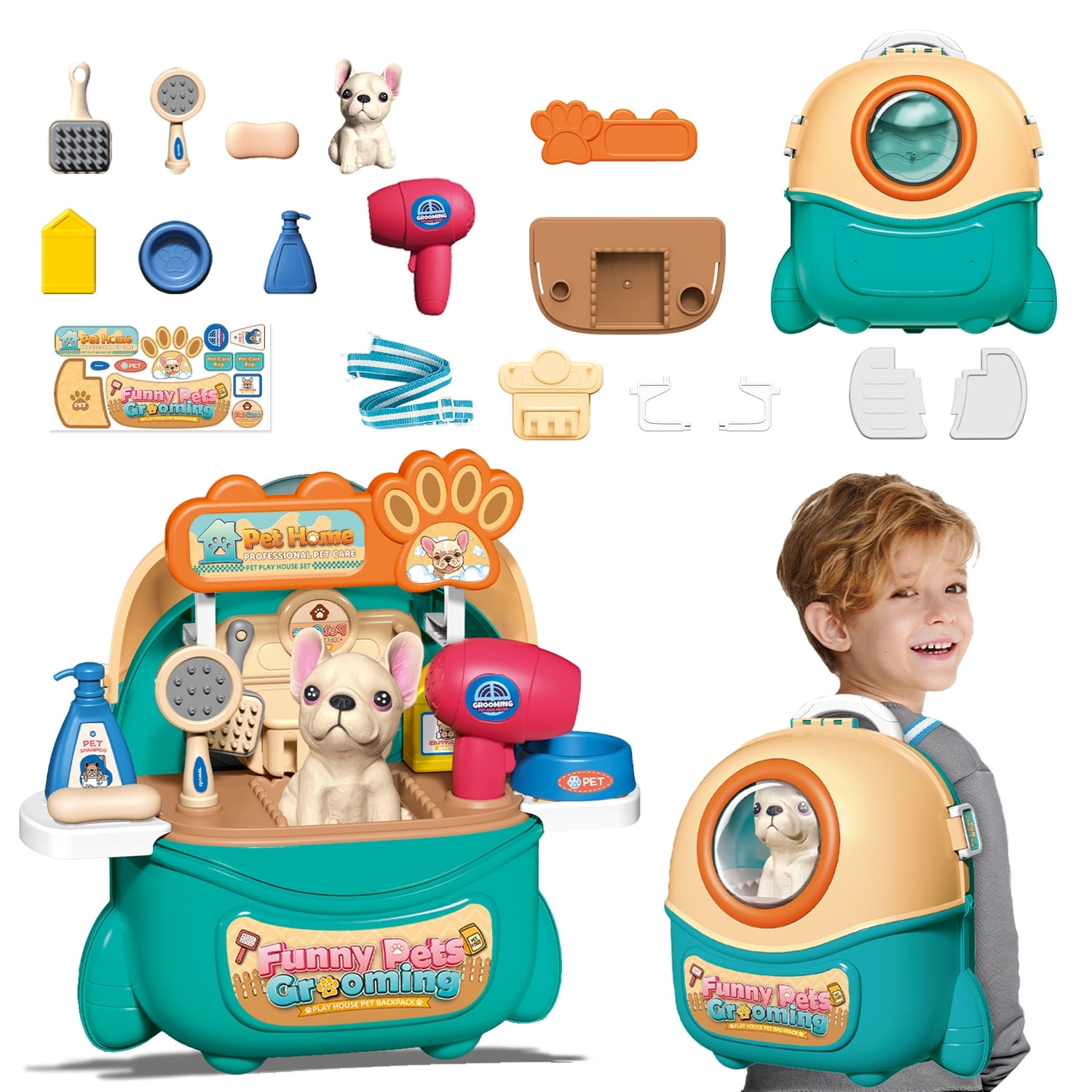 Jiakora Pet Care Play Set, Dog Grooming Toys with Puppy Carrier Feeding ...