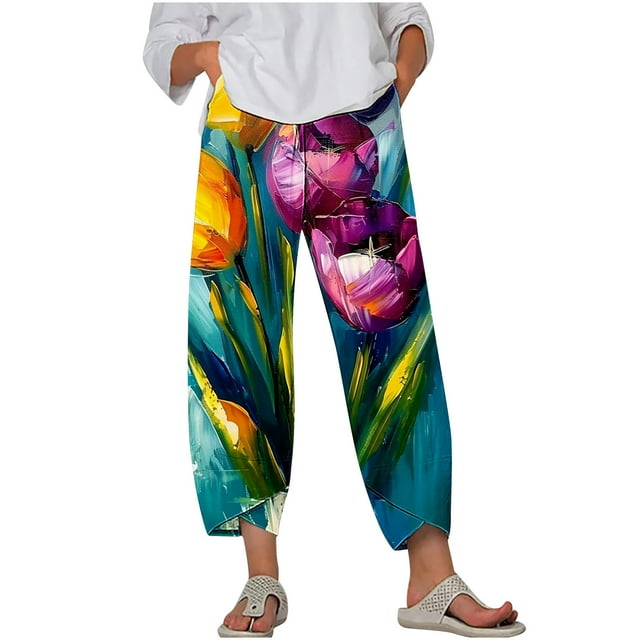 Jiamzry Womens Linen Pants Cropped Pants Plus Size Capris Boho Floral