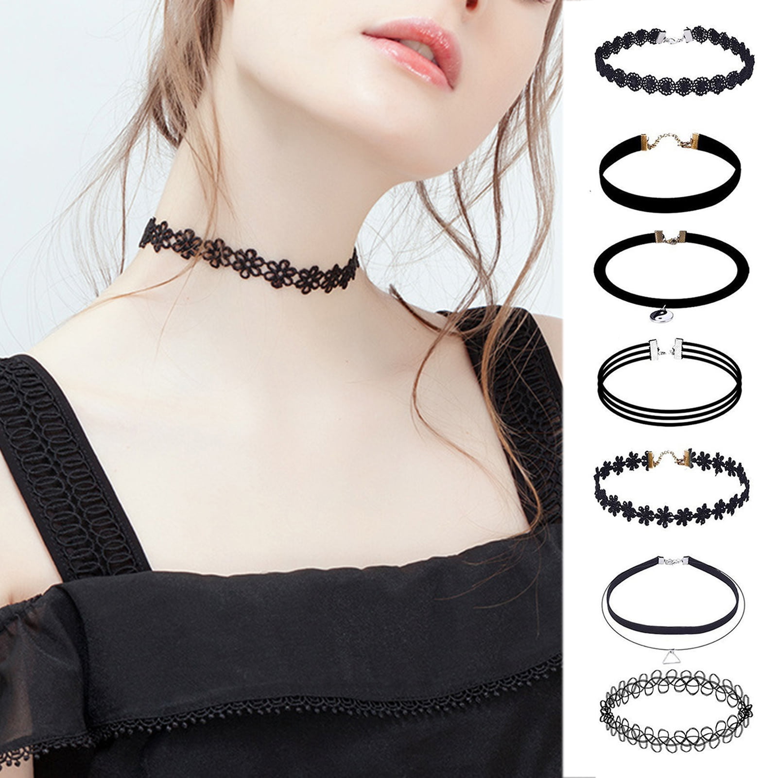 Jiaroswwei 1 Set Choker Necklaces Hollow Out Lace Black Sexy Cut-out ...
