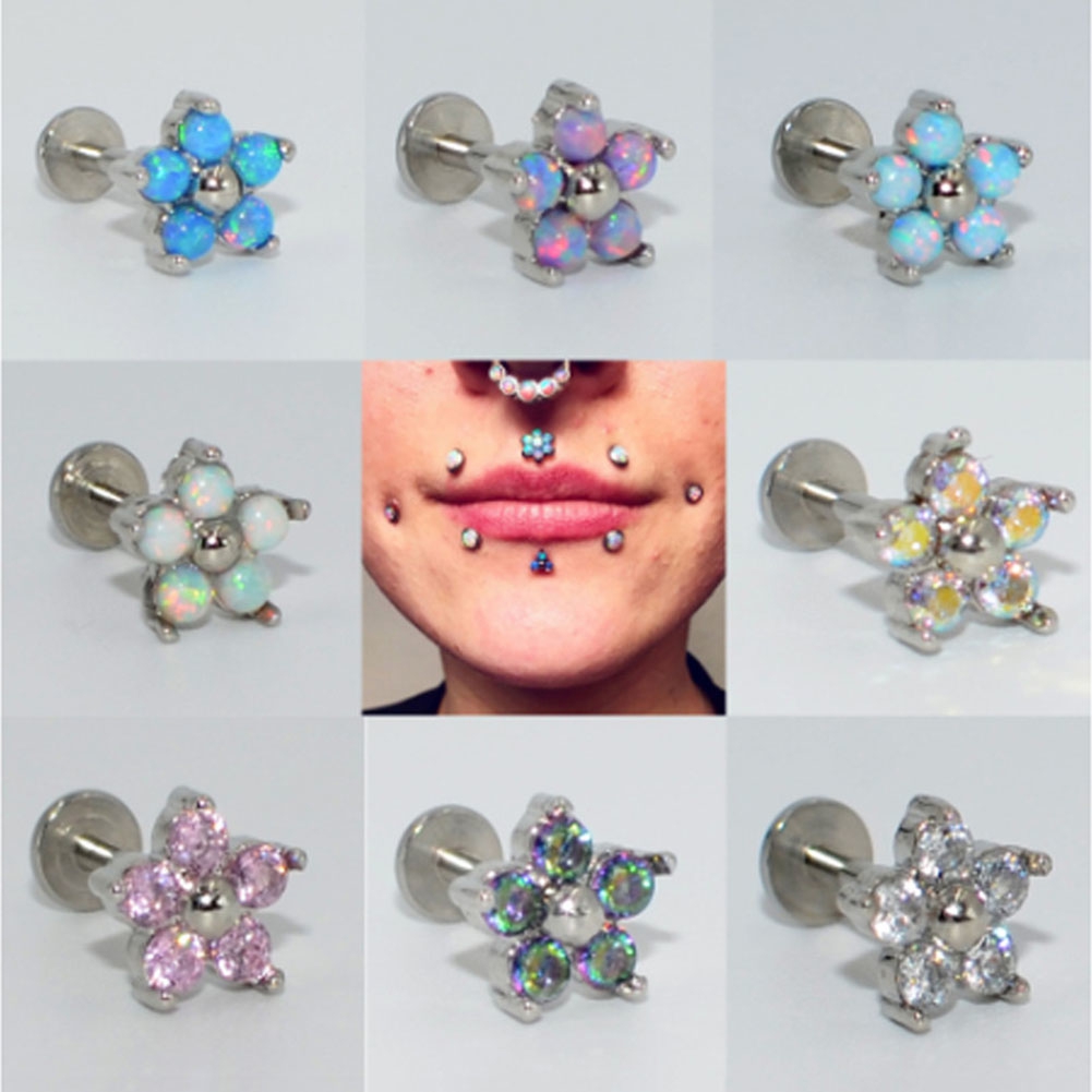 Jiaroswwei 1Pc Women Titanium Steel Faux Opal Flower Labret Lip Ring ...