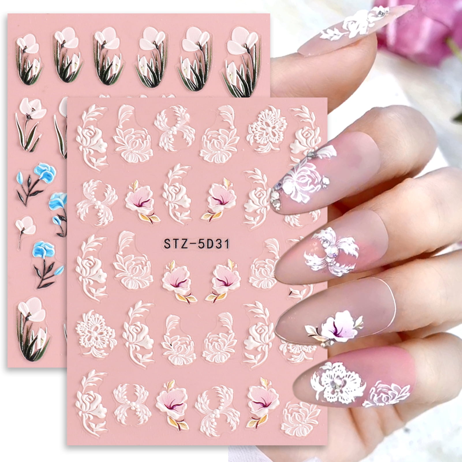 Jiaroswwei Embossed Nail Sticker Flower Decal DIY Nail Art Decoration ...