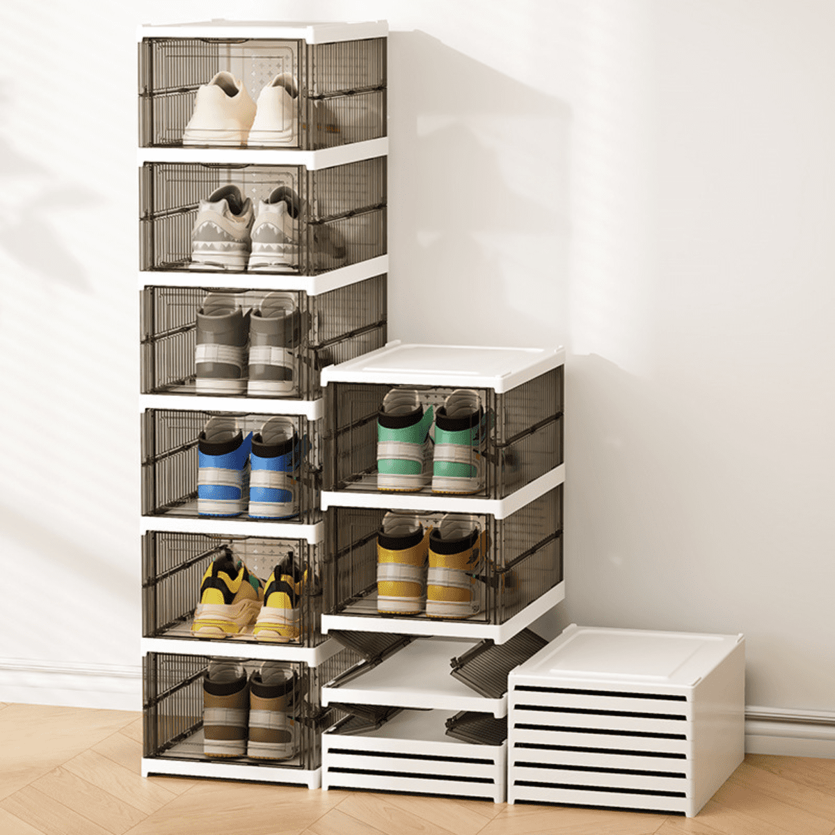 Jiarui Clear Shoe Organizer Box 3-Tier Foldable Shoe Rack, Fit Size 12 ...