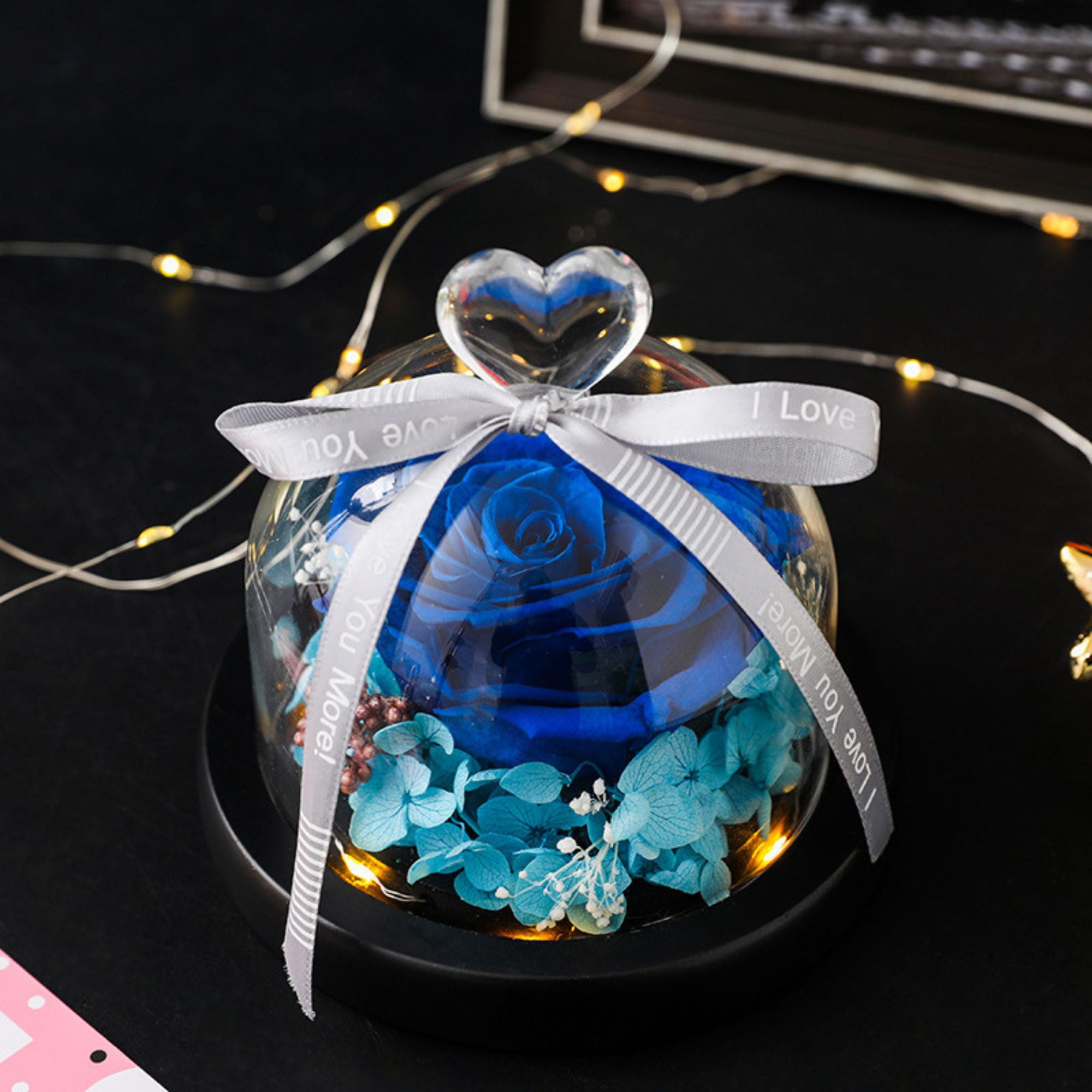 Jiarui Preserved Real Rose in Beautiful Creative Heart Design Glass Dome, Rose Gift Blue ...