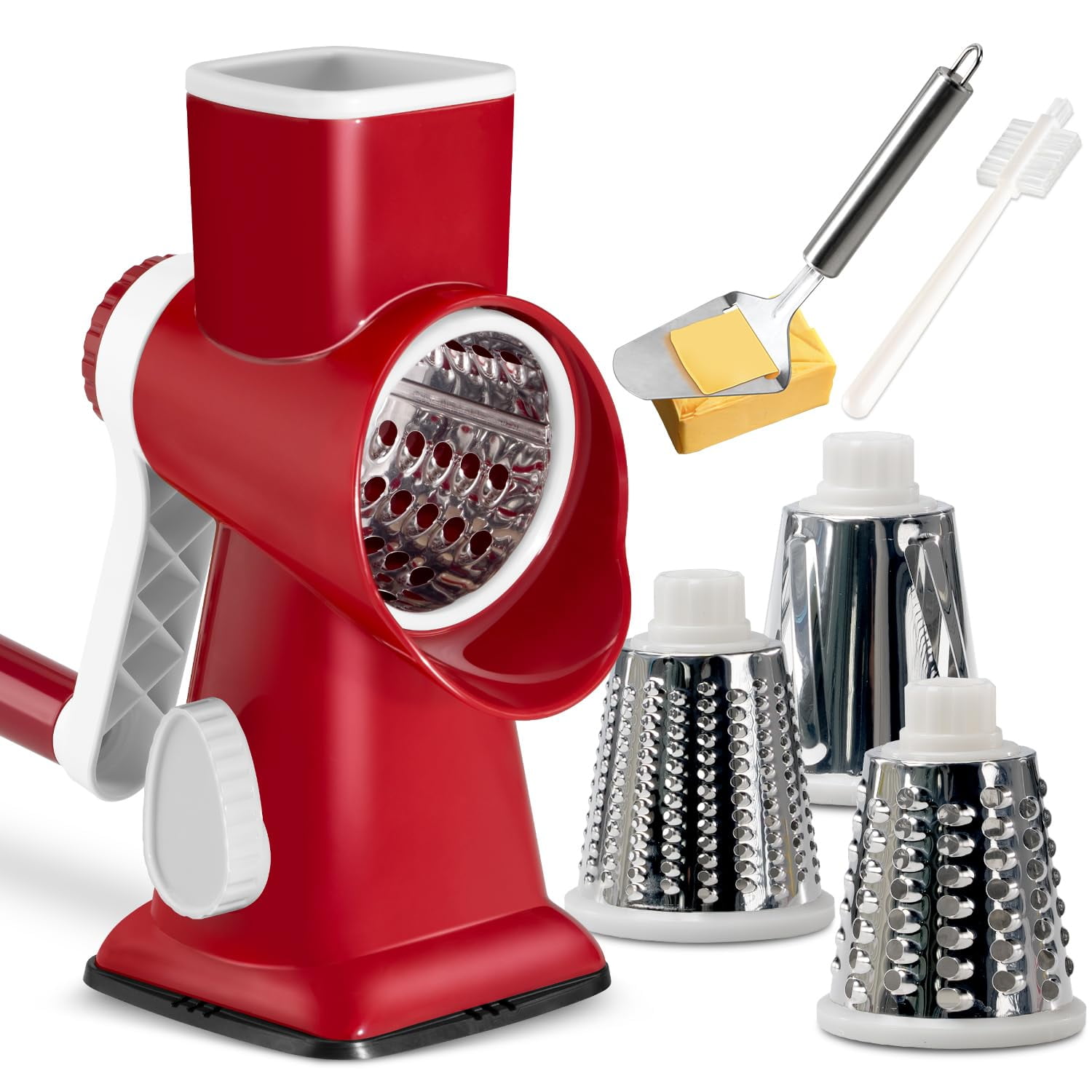 Jiarui Rotary Cheese Grater with Handle, 3 Changeable Blades, Red ...