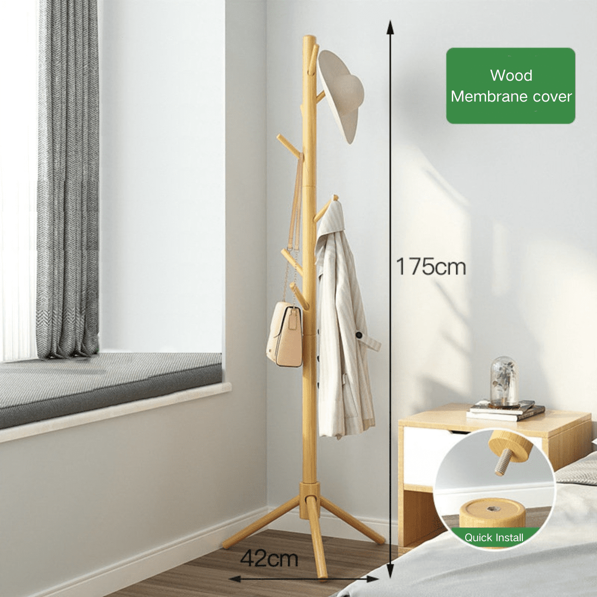 Jiarui Sturdy Wooden Coat Tree with 8 Hooks, Coat Rack Freestanding ...