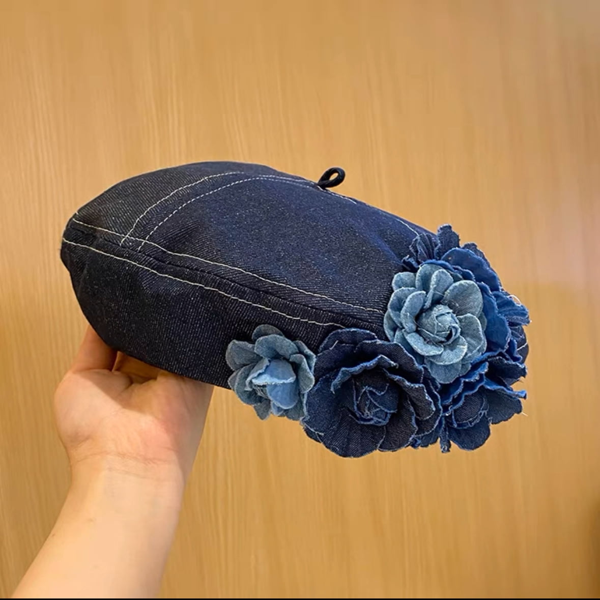 Jiawei Japanese Niche Contrasting Three-Dimensional Flower Denim Beret ...