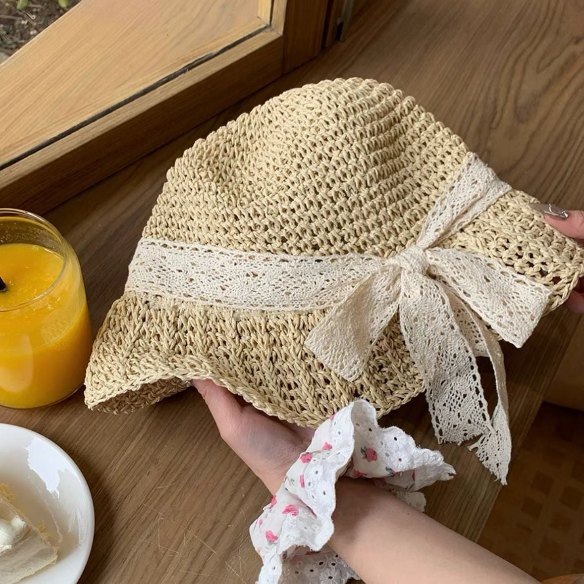 Jiawei Sweet Japanese Plaid Tied Straw Hat For Women's Summer New Beach Vacation, Sun Shading ...