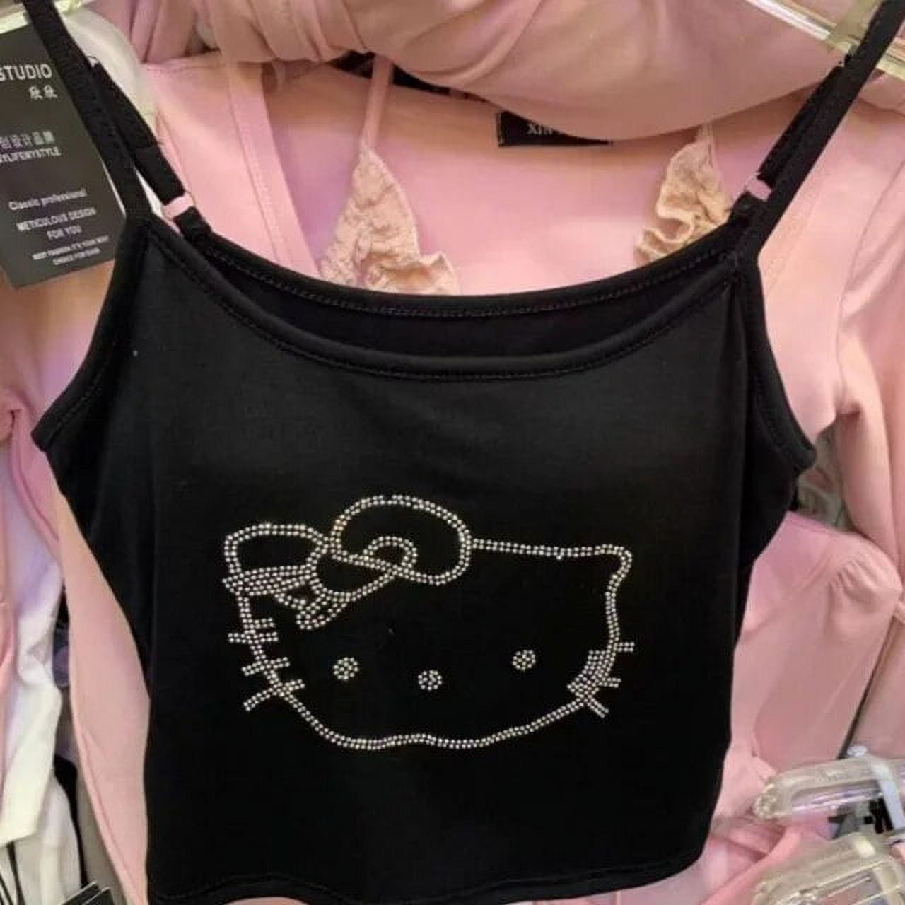 Jiayi Sanrio Hello Kitty Rhinestone Slim Vest With Chest Pads Women Fashion Crop Top Summer ...
