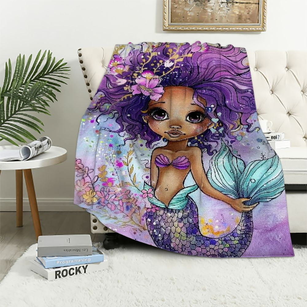 Jiayy Cute Black Girl Mermaid Throws Blanket ,African American Blanket ...
