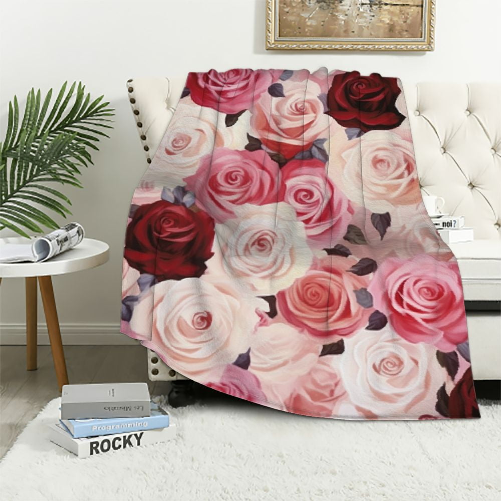 Jiayy Pink Pretty Rose Flower Blanket, Soft Blankets Flannel Bed Throw ...