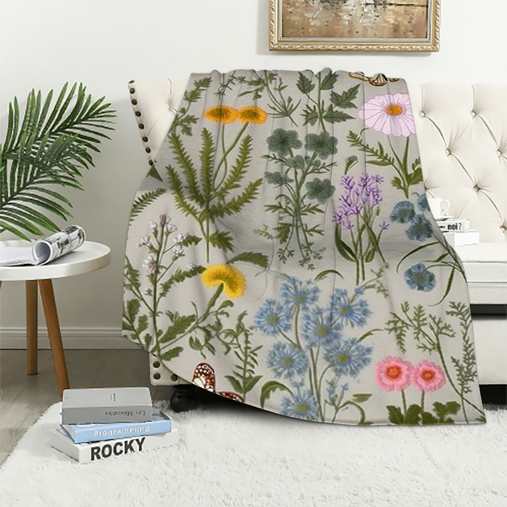 Jiayy Spring Throw Blanket Wildflowers Butterfly Blanket Green Wild ...