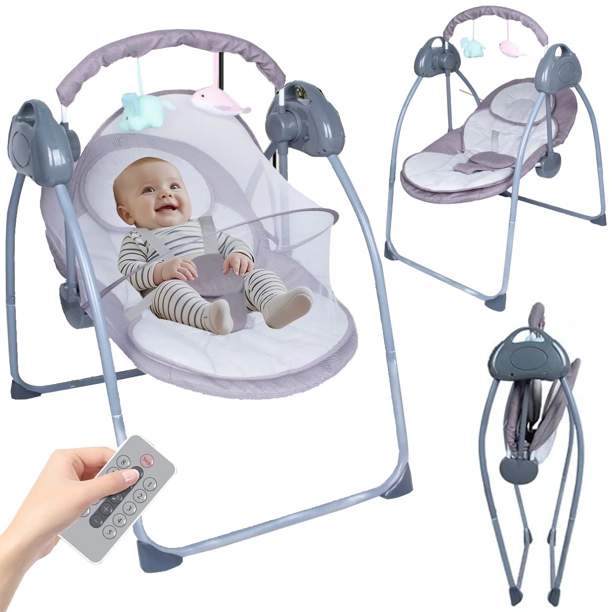 JieC Electric Baby Swing, Foldable Infant Bouncer Cradle with 5-Point ...