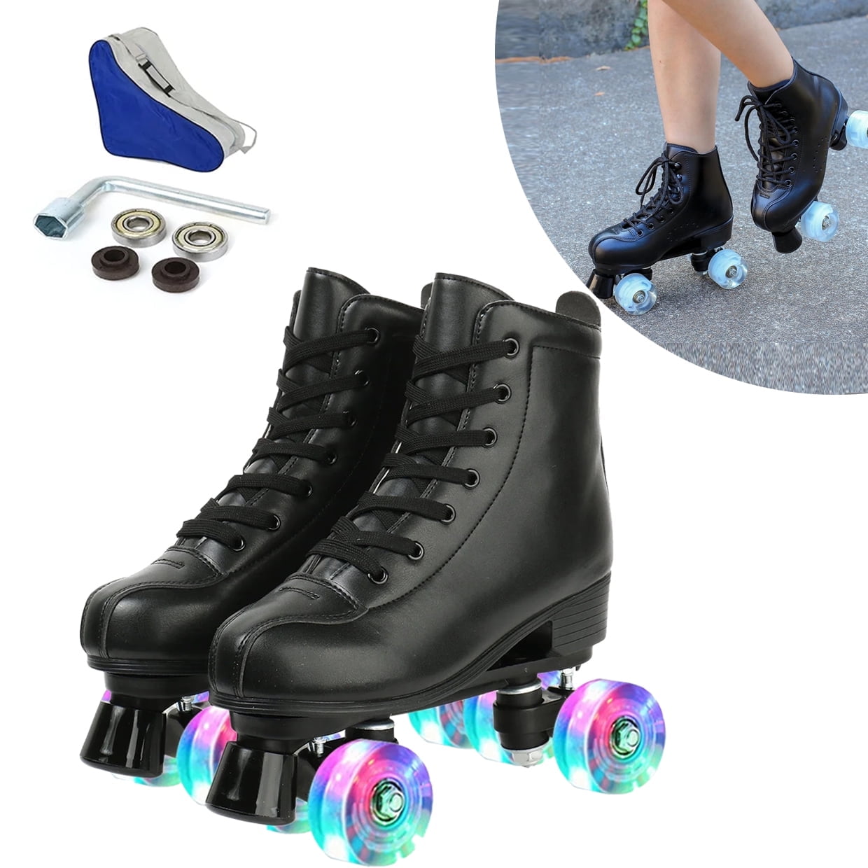 JieC Roller Skates, Adjustable, High Top PU Leather, Light Up Quad ...