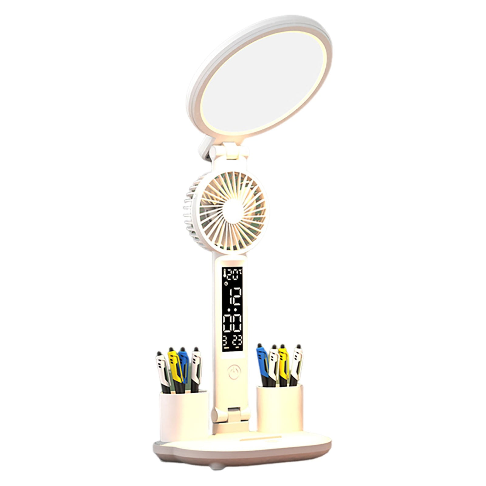 JieShu 6-in-1 LED Desk Lamp with Fan & Clock - 3200mAh Rechargeable ...