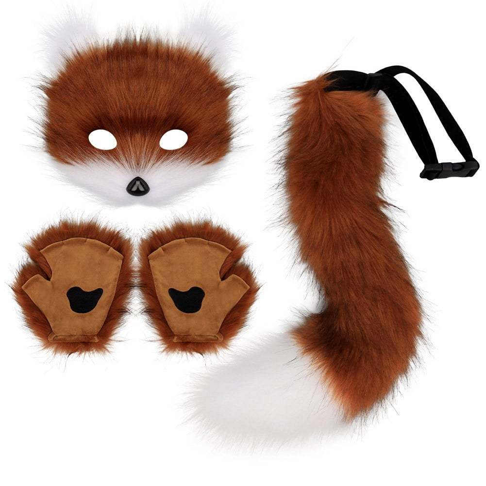 Jierger Animal Wolf Gloves & Furry Cat Ears Collar Set with Tail Kit ...