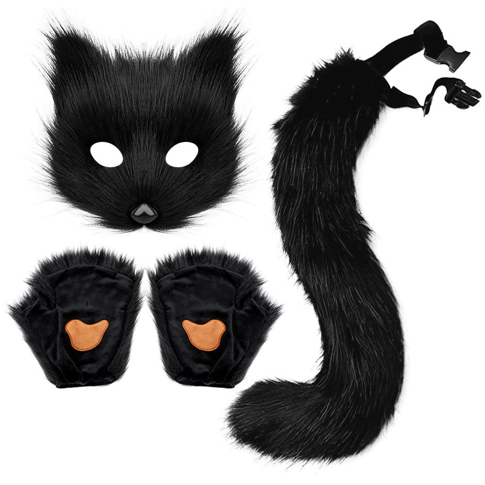 Jierger Animal Wolf Gloves & Furry Cat Ears Collar Set with Tail Kit ...