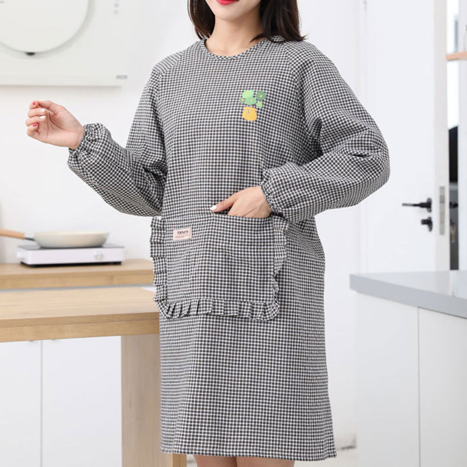 Jierger Cotton Linen Cooking Long Sleeve Aprons for Women with Pockets ...
