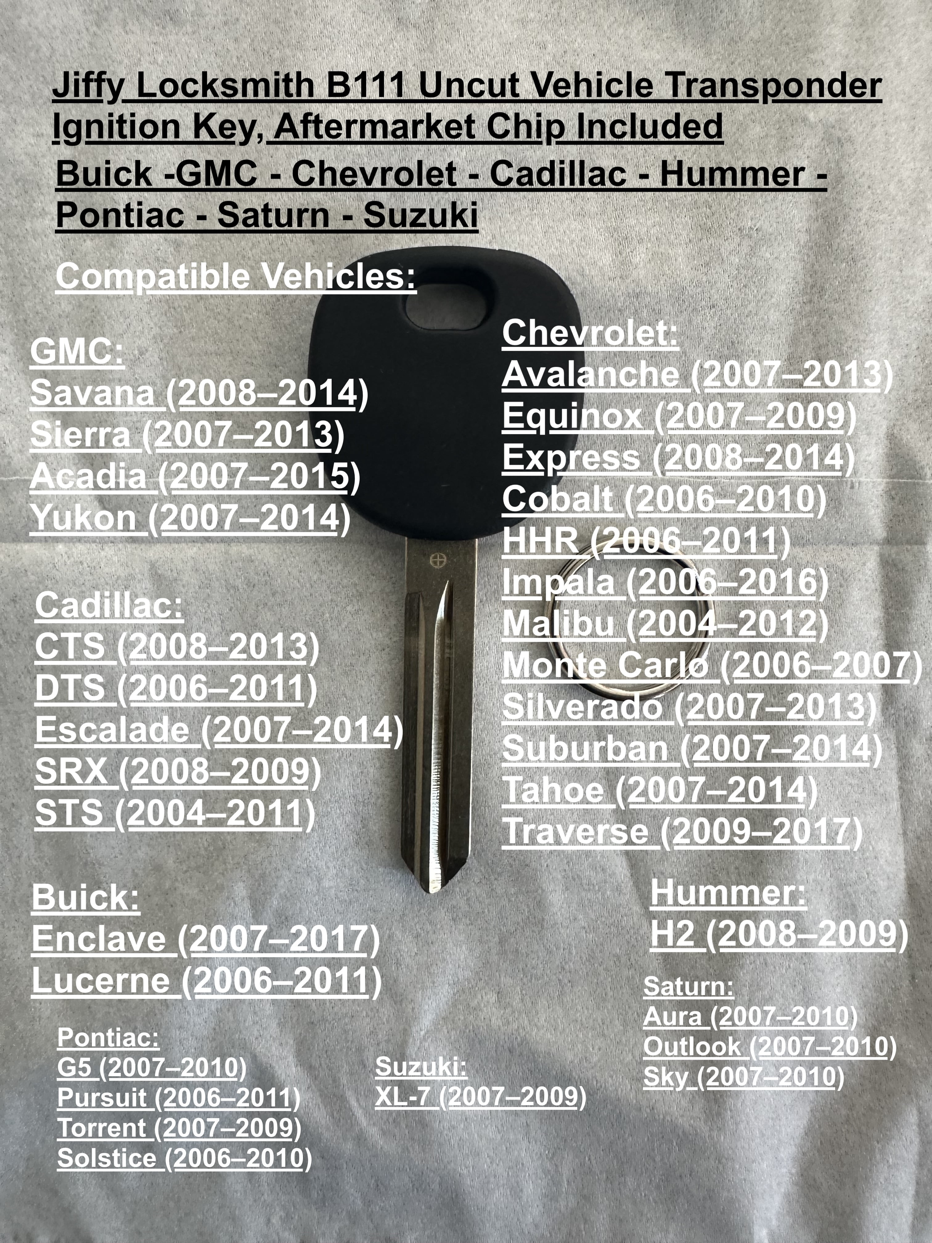 Jiffy Locksmith B111 Uncut Vehicle Transponder Ignition Key ...