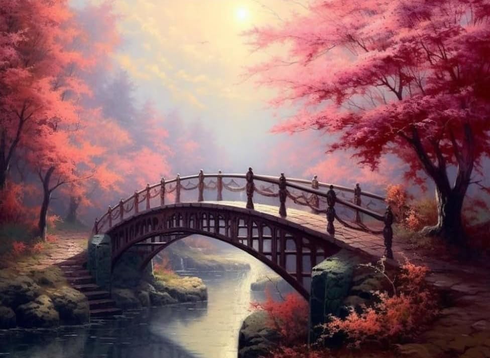 Jigsaw Puzzle for Adults, Arch Bridge - Autumn Red Maple Leaves ...