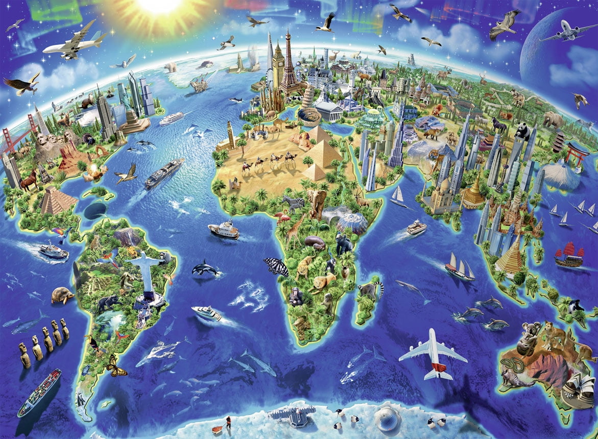 Jigsaw Puzzle for Adults 1000 Piece World Landmarks Map Wooden Puzzles ...