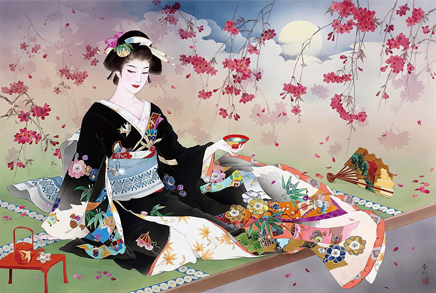 Jigsaw Puzzles 300 Pieces for Adults -Black Kimono Beauty Paintings by ...