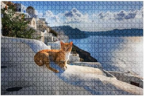Jigsaw Puzzles 500 Pieces for Adult Ginger cat Santorini Island Greece ...