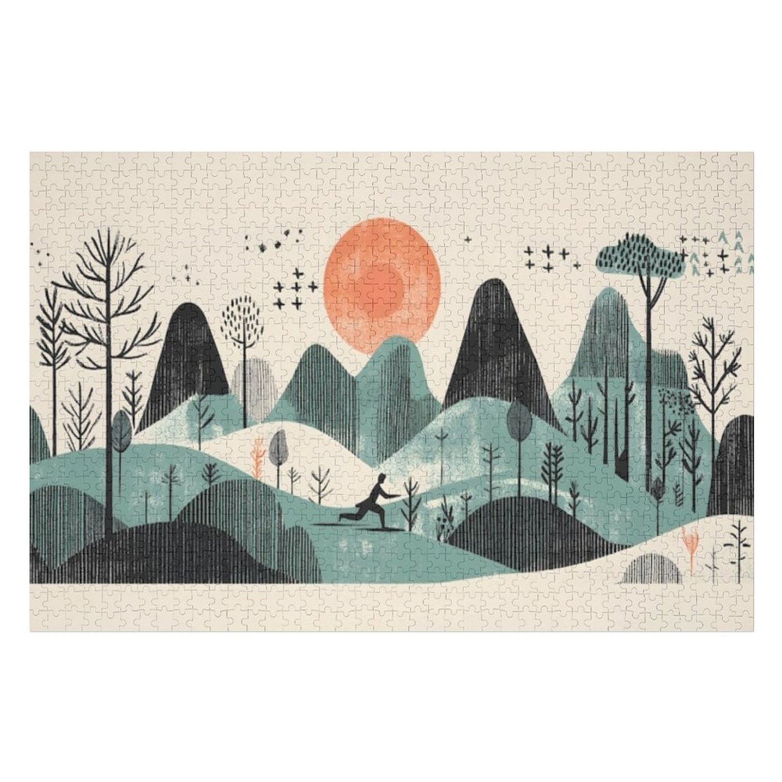 Jigsaw Puzzles - A Runner in A Stylized Landscape with Mountains, Trees ...