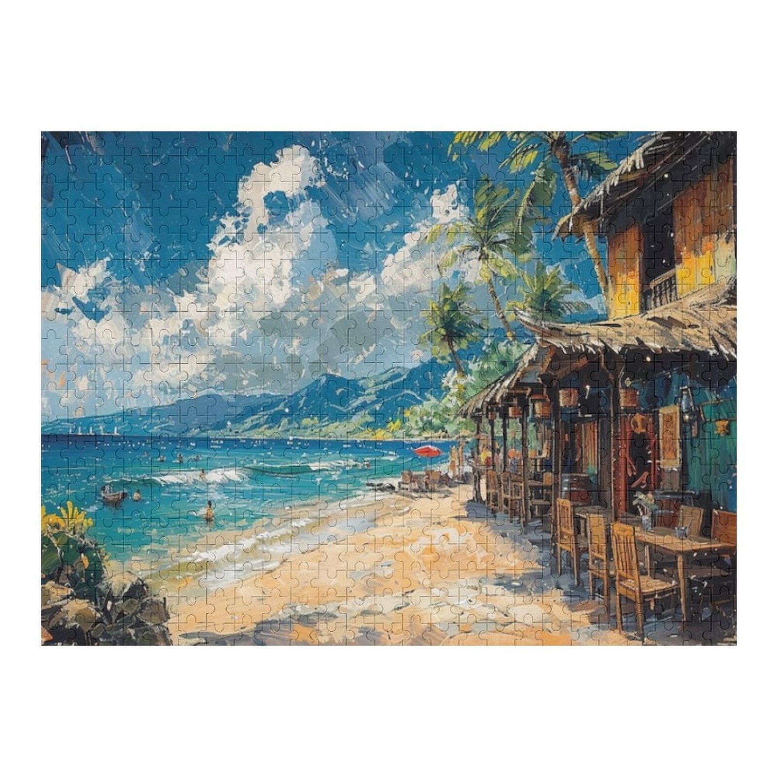 Jigsaw Puzzles - Beachside with Thatched - Roof Huts, Palm Trees, And ...