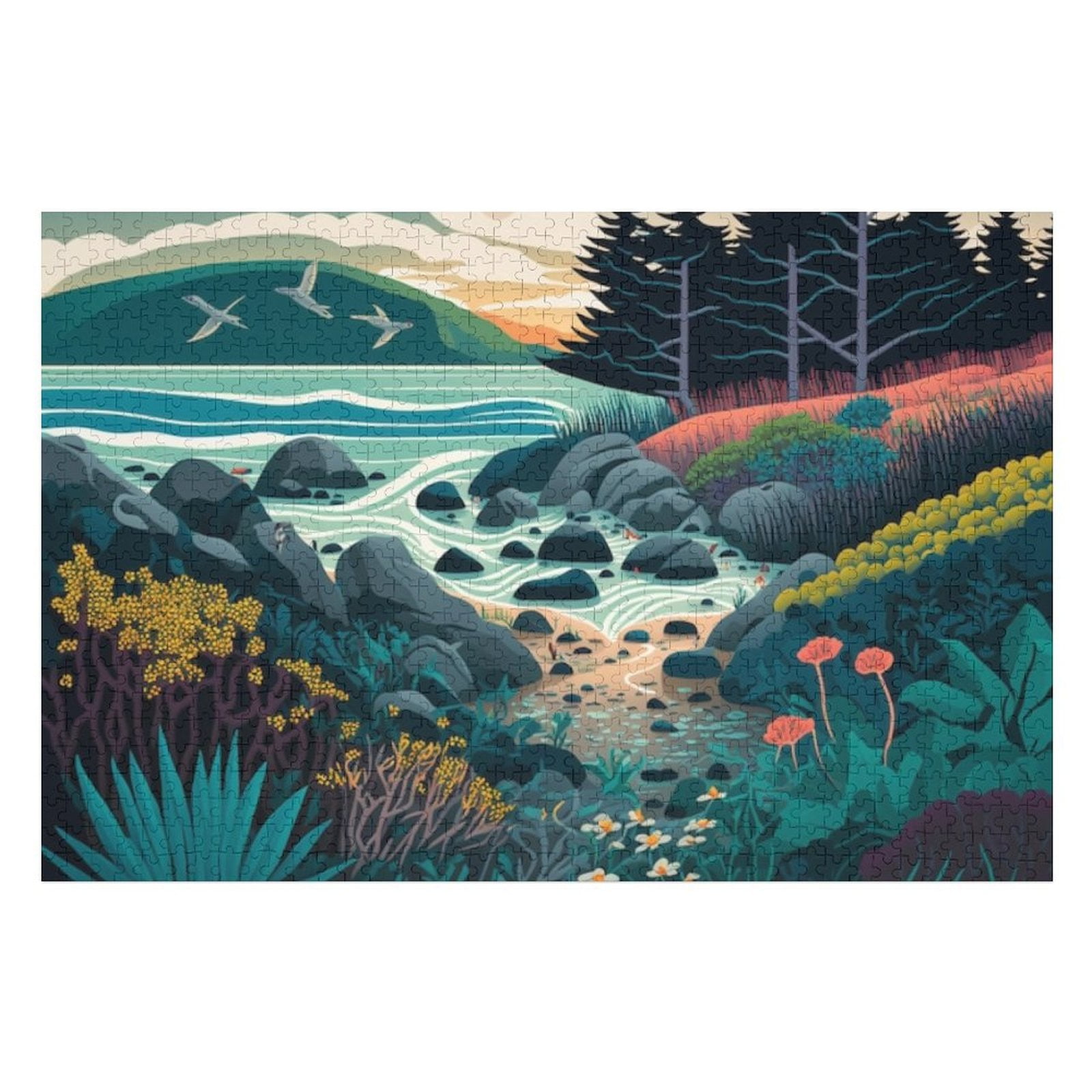 Jigsaw Puzzles - Coastal Landscape with Rocks, Waves, Flowers And ...