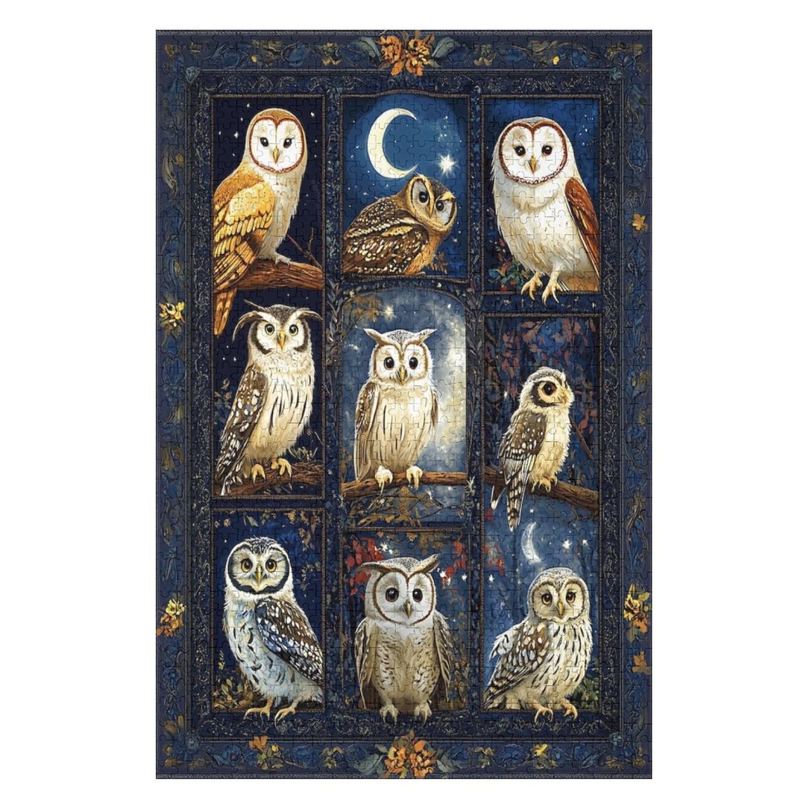 Jigsaw Puzzles - A Collection of Nine Owls in A Framed, Nighttime Scene ...