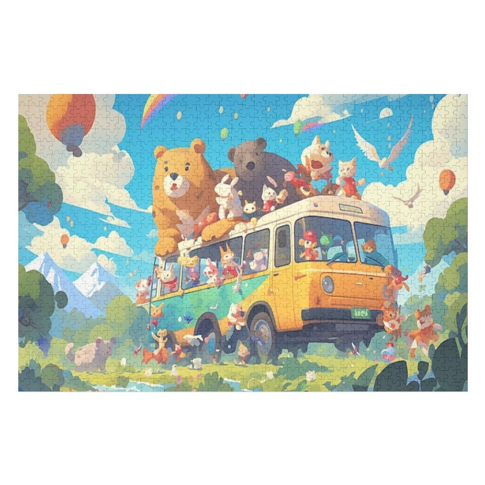 Jigsaw Puzzles - Colorful Bus Filled with Animated Animals on A Joyful Journey in Nature1000 PCS ...