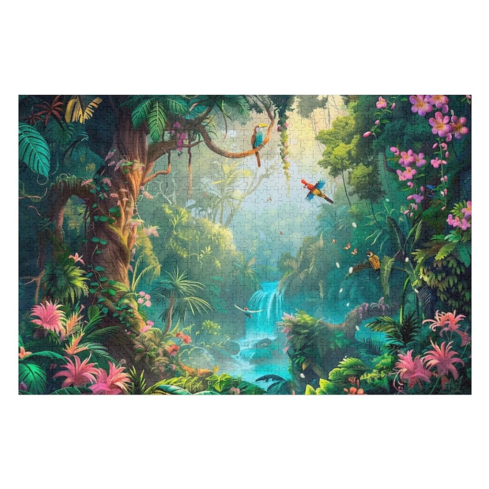 Jigsaw Puzzles - Exotic Jungle with A Waterfall, Colorful Birds, And ...