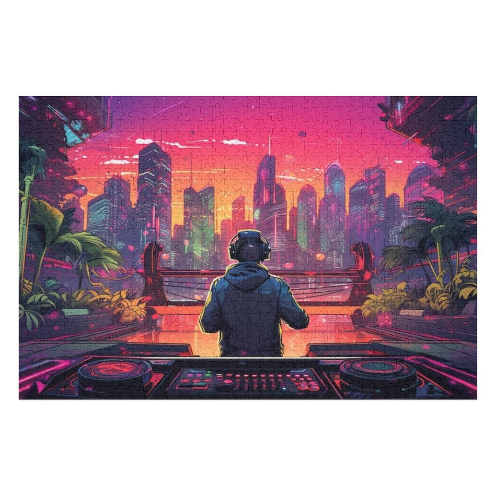 Jigsaw Puzzles- A Futuristic Cityscape at Sunset with A DJ in Front of A Turntable, Featuring ...
