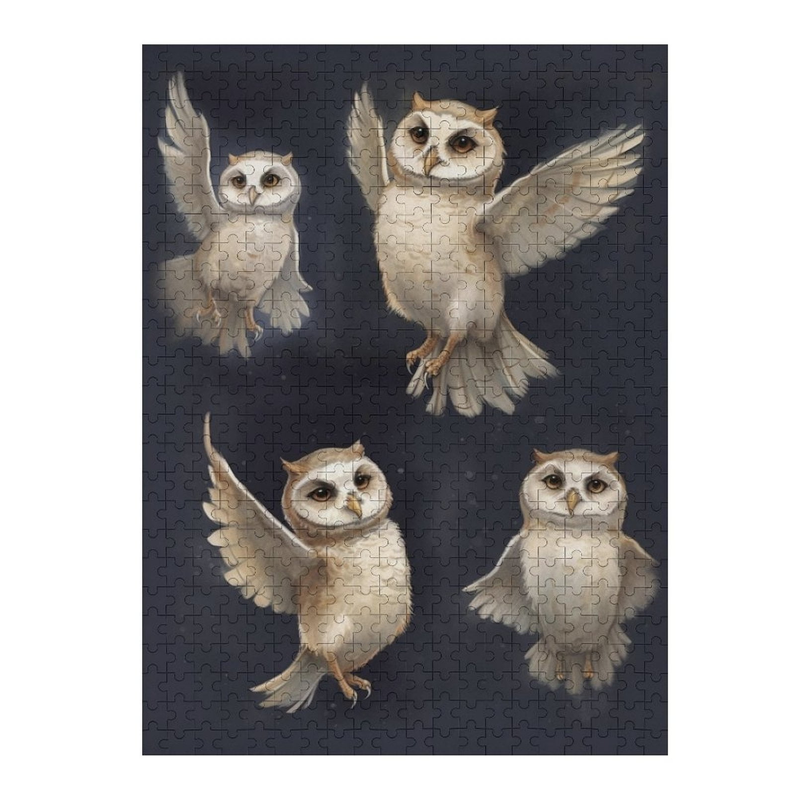 Jigsaw Puzzles - Group of Owls in Various Flight Poses Against A Dark ...