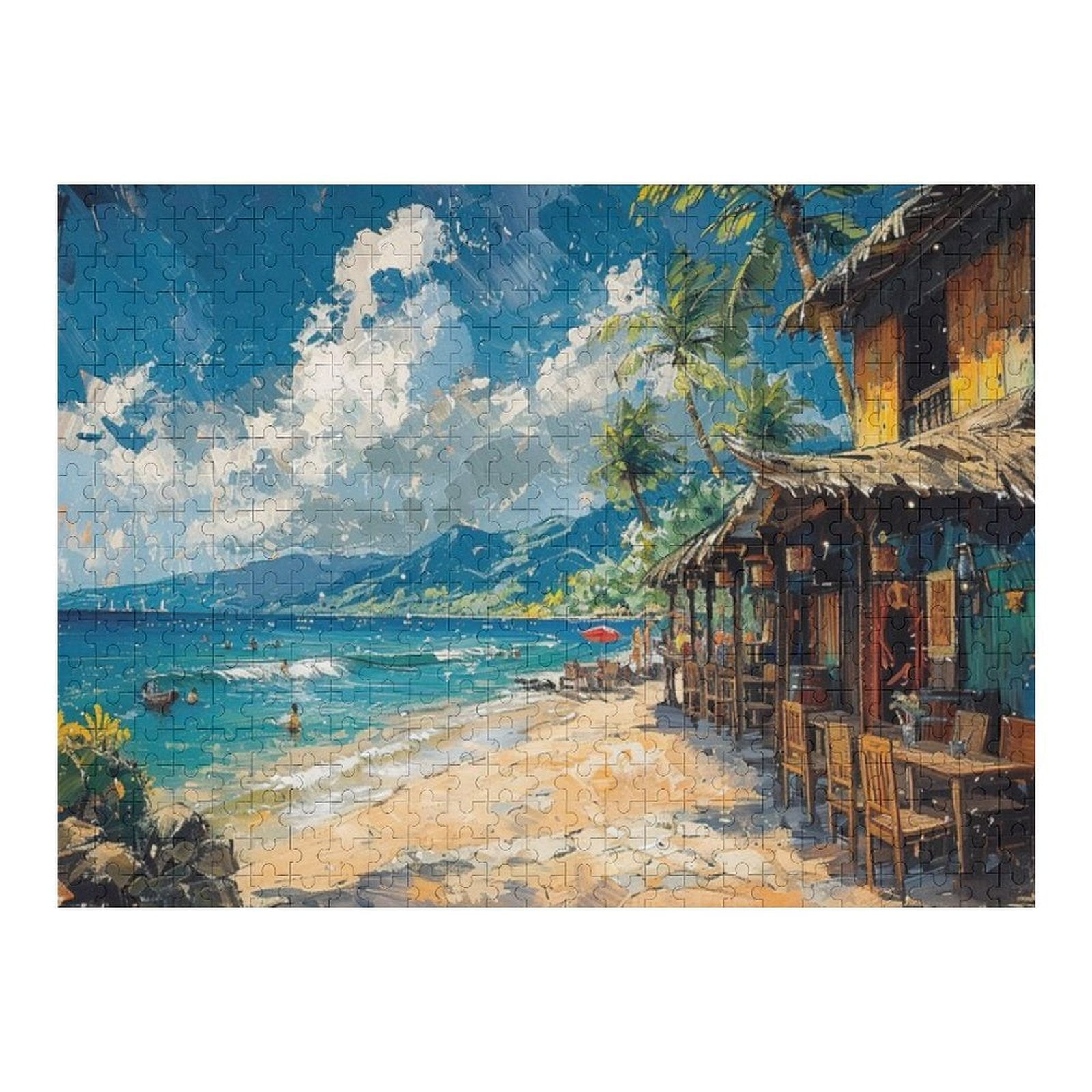 Jigsaw Puzzles - Lively Beachside Scene with Huts, People Enjoying The ...