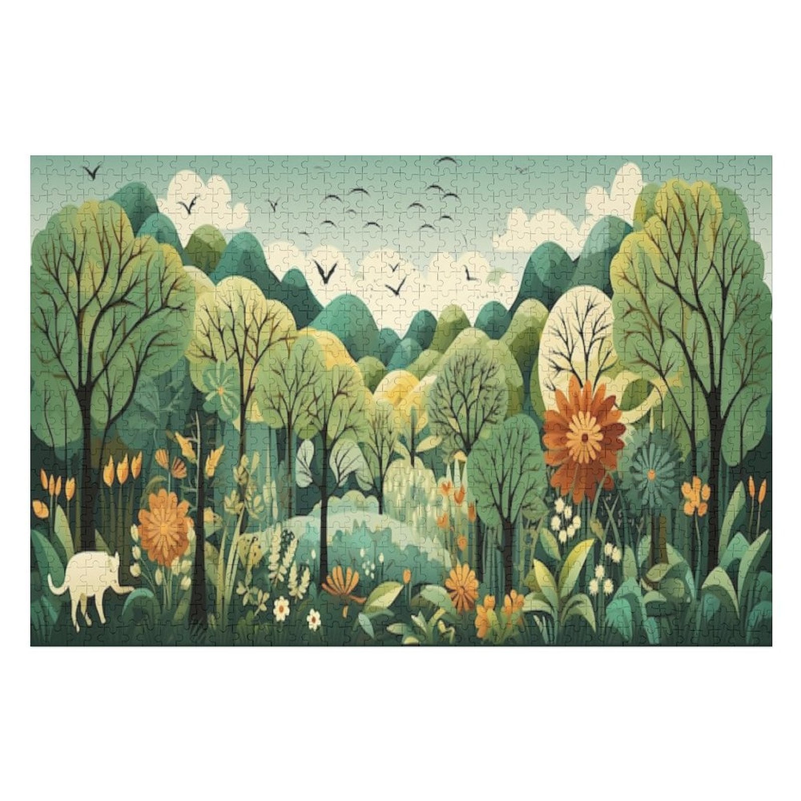 Jigsaw Puzzles - A Lush Forest Scene with Diverse Trees, Flowers And A ...