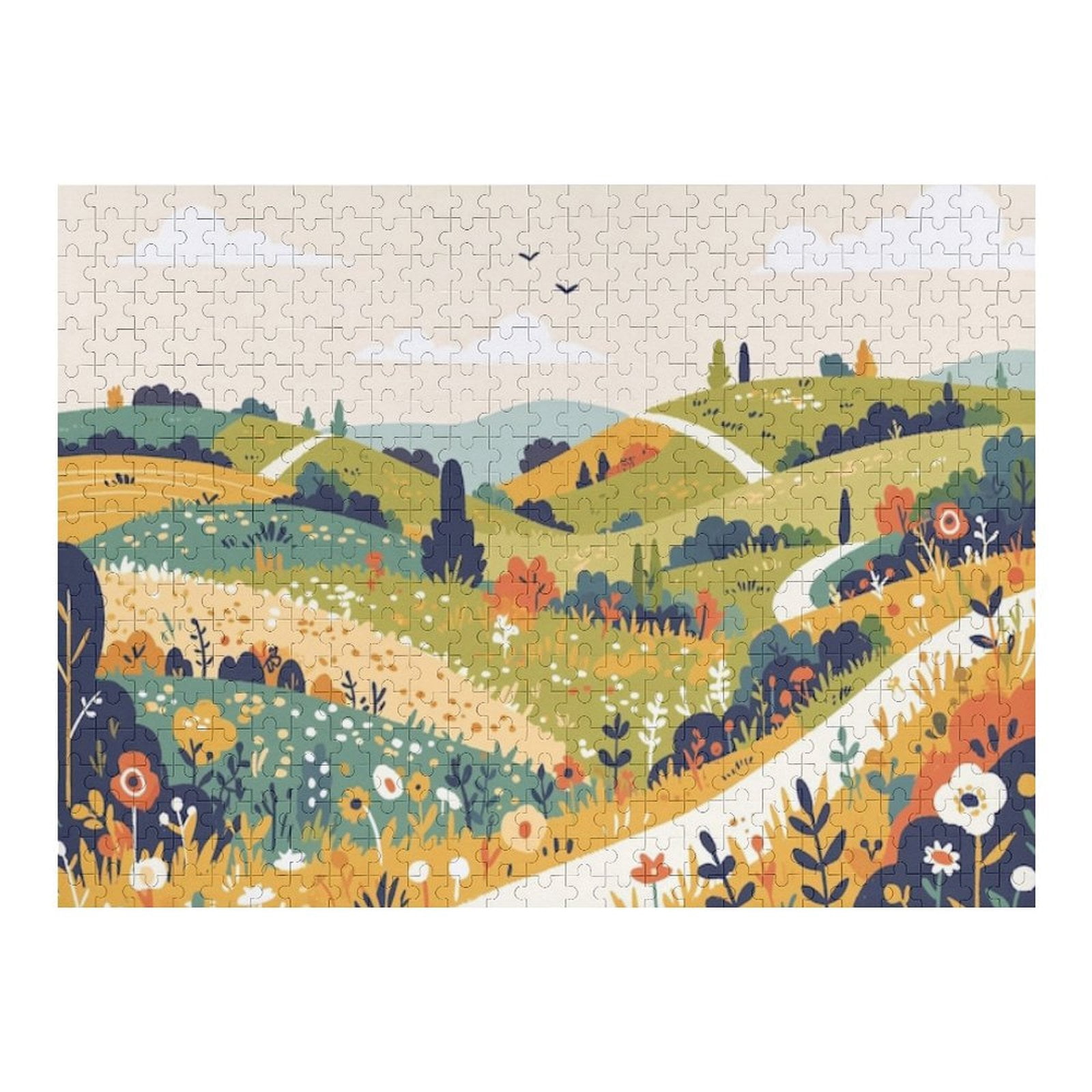 Jigsaw Puzzles - Lush, Illustrated Countryside Landscape with Rolling ...
