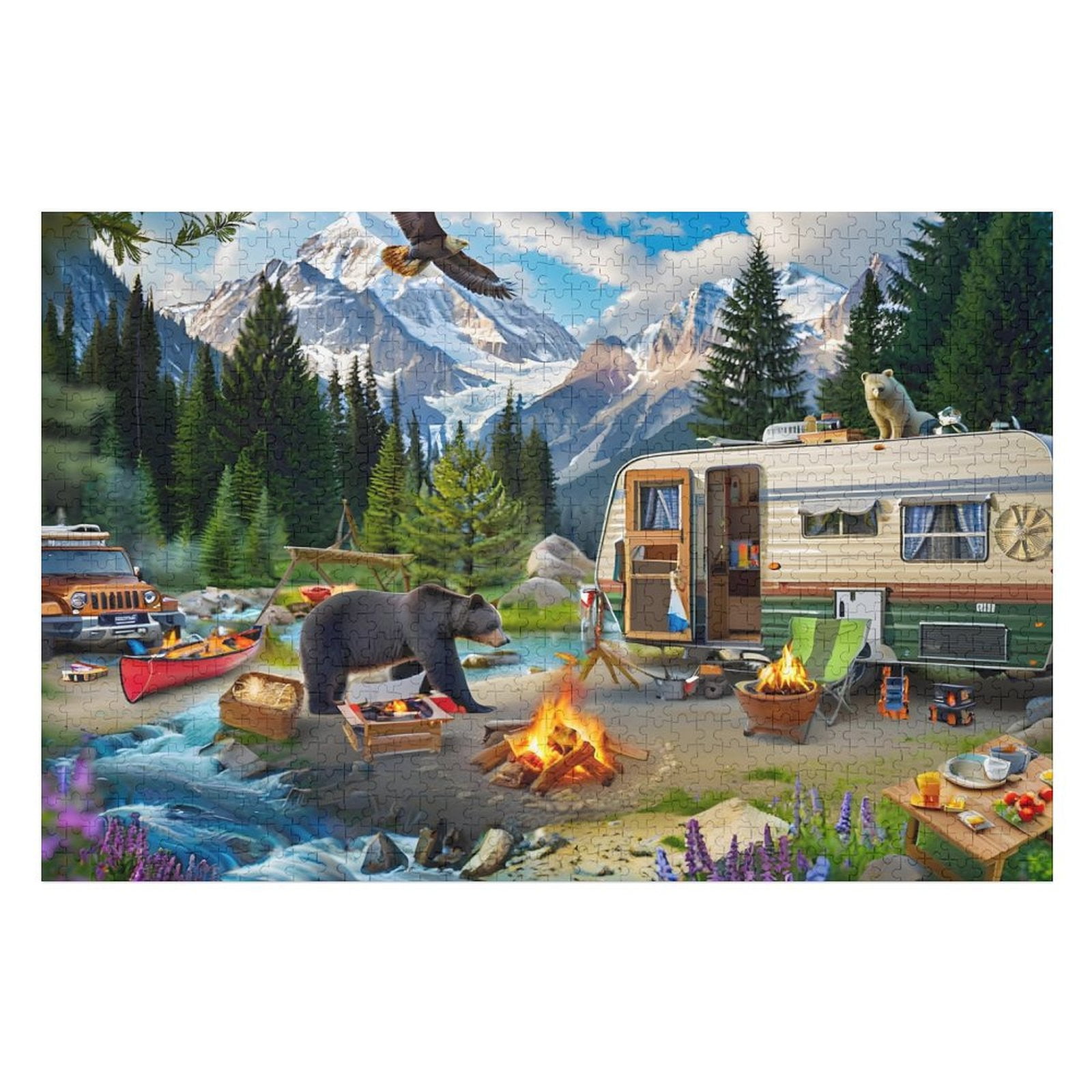 Jigsaw Puzzles - Mountain Camping Scene with An RV, Bear, Eagle, And ...
