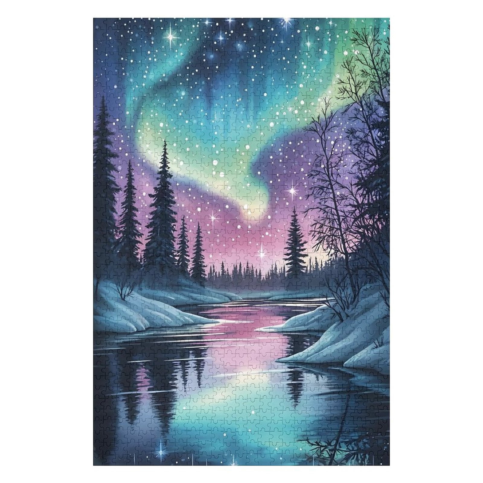Jigsaw Puzzles - Night Sky with Aurora Borealis over A Snowy Landscape ...