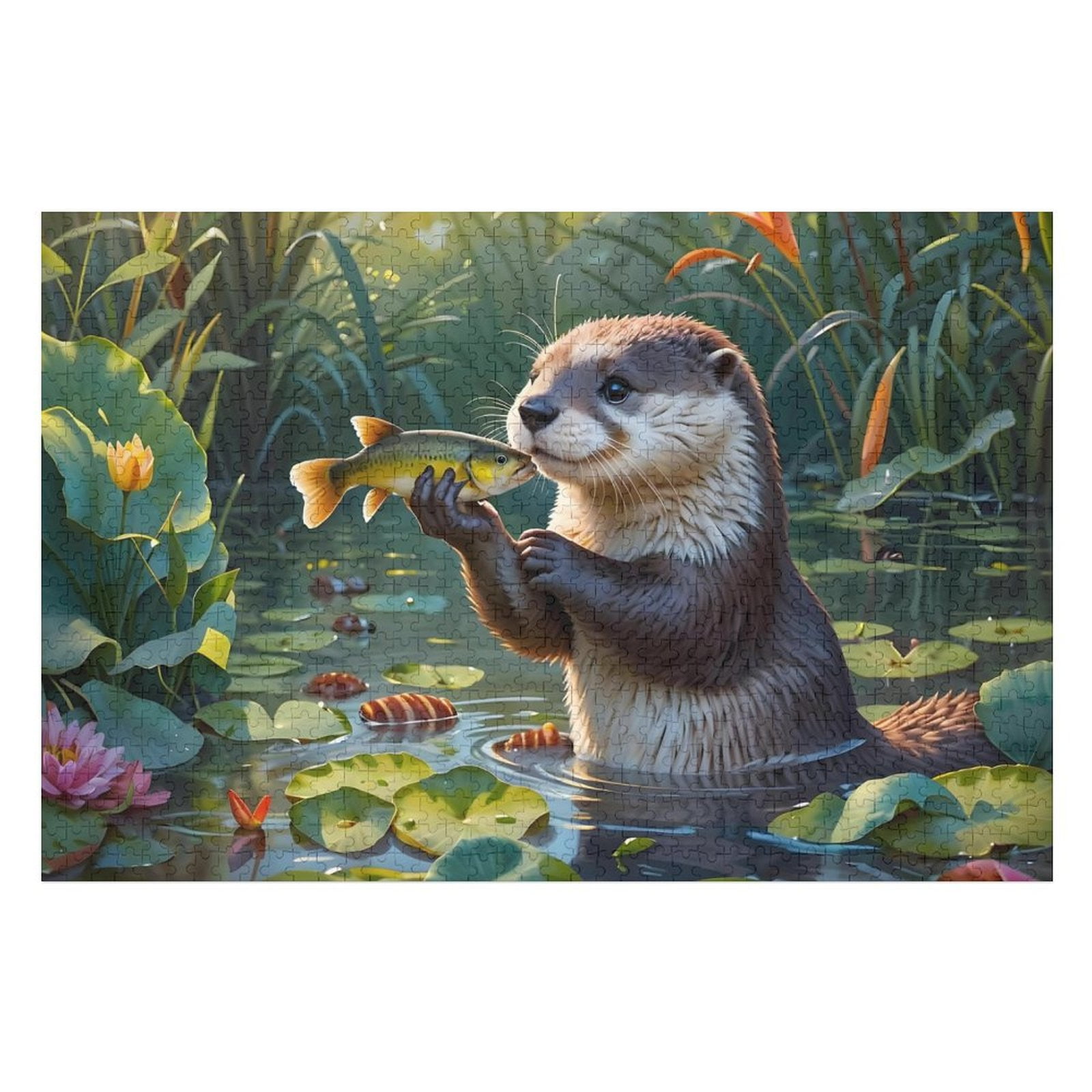 Jigsaw Puzzles - Otter Holding A Fish in A Lush, Lily - Filled Water ...