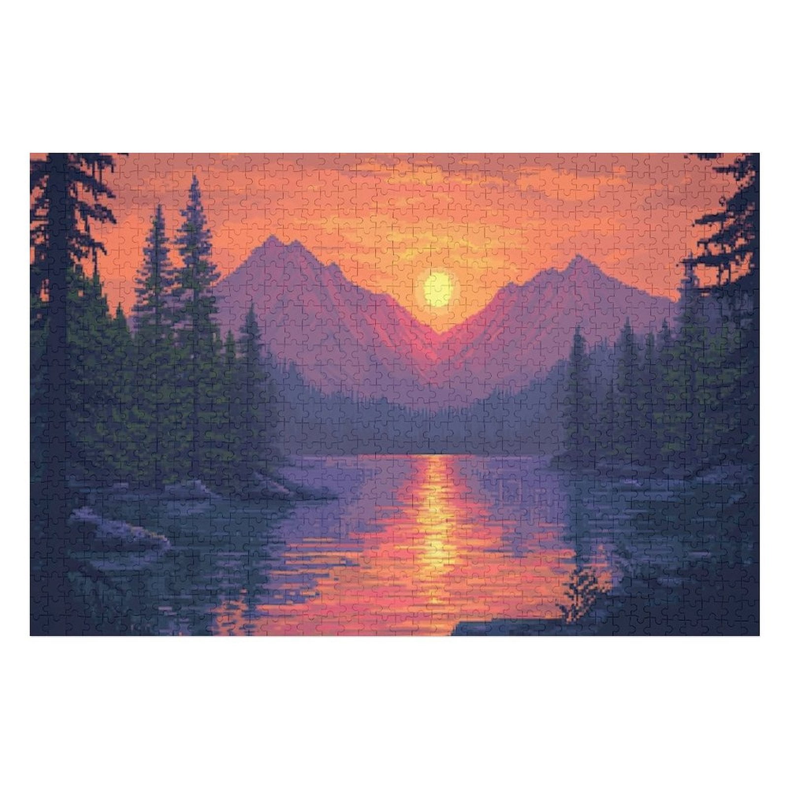 Jigsaw Puzzles - Pixel - Art Depiction of A Serene Lake Surrounded by ...